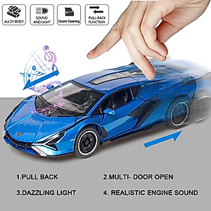 1:32 Scale Sian FKP37 Model Car Zinc Alloy Diecast Car Toys for Kids, Pull Back Toy Car Vehicle with Sound and Light Door Opening Birthday Gift for Boys Toddlers (Blue)