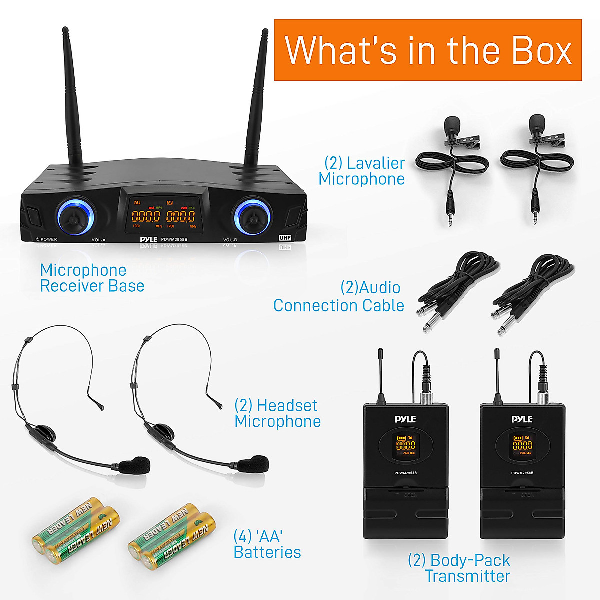 Compact UHF Wireless Microphone System - Pro Portable Dual Channel Desktop Digital Mic Receiver Set w/ 2 Belt-Pack Transmitter, Receiver, 2 Headset, Lavalier Mics, XLR, for Home, PA - Pyle PDWM2958B