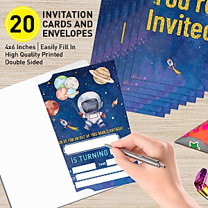 UDNADKEX Birthday Invitations for Boy Space with Envelopes, Invites for Birthday Party Galaxy Planets Rocket Ship, Astronaut Birthday Party Invite Cards, Out of This World, 4"x6" Set of 20