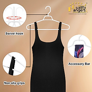 Quality Hangers Heavy Duty White Plastic Hangers 40-Pack with Swivel Hook | 7mm Thick Non Slip Coat Hangers with Accessory Bar | Ideal Clothes Hangers Plastic for Everyday Use | 17 Inches (40, White)
