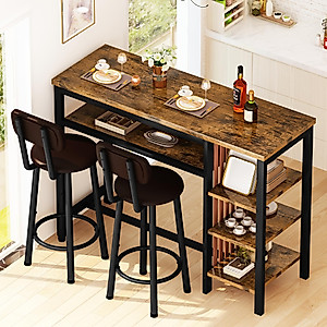 DKLGG 47" Bar Table and Chair Set, Small Kitchen Counter Dining Table Set for 2, 3 Piece Bar Height Table with 2 Stools & Storage, Pub Table Dining Set for Breakfast Nook, Small Space