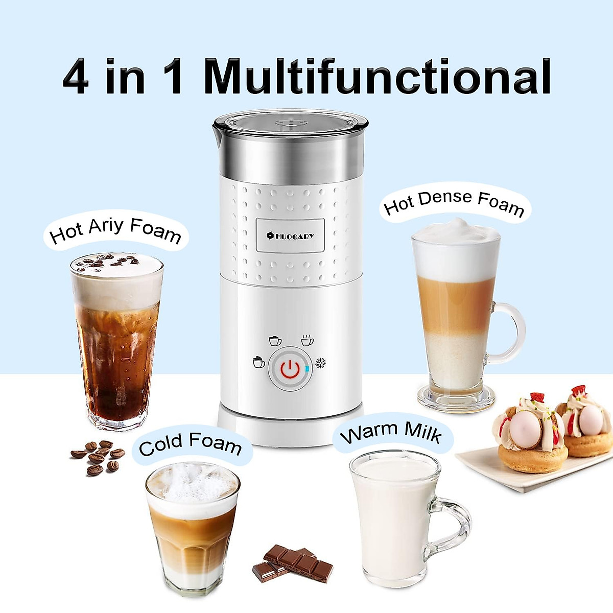Huogary Electric Milk Frother and Steamer - 4 In 1 Automatic Milk Steamer,300ml/10.1oz Hot& Cold Foam Maker and Milk Warmer For Latte,Cappuccinos,Macchiato,Silent Working,White,120V