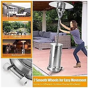 Tangkula 48,000 BTU Outdoor Patio Heater with Wheels, Stainless Steel Propane Heater with Tip-Over & Flameout Protection, Propane Gas Heater with Drink Shelf Table for Commercial & Residential
