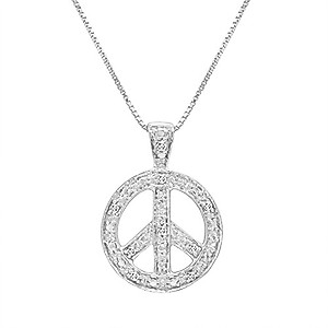 Diamond Peace Sign Pendant Necklace in Sterling Silver on an 18in Box Chain | Real Diamond Necklaces Gifts for Women