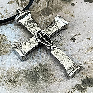 Horse Nails Antique Silver Cross Pendant Black Rubber Cord Necklace