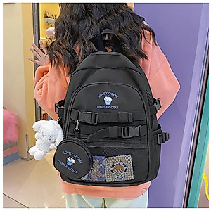 JHTPSLR Aesthetic Backpack with Purse and Plushies Cute Kawaii Backpack with Accessories Japanese Backpack Teen Girls Back to School Supplies (Black)