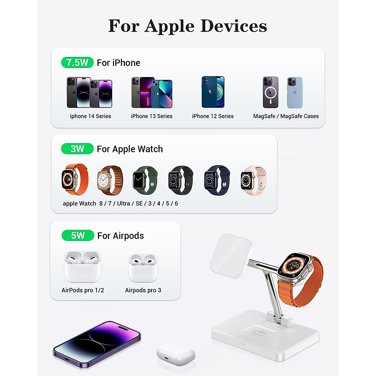 3 in 1 Wireless Charger for MagSafe, Foldable Charging Station for Multiple Apple Devices, Compatible with iPhone 15/14/13/12, Apple Watch, AirPods Pro/3/2 (Cable and Adapter Included) White