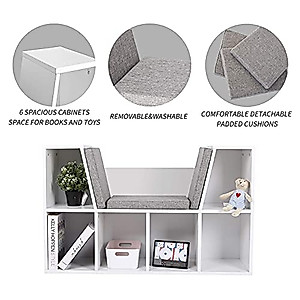 MUPATER Kids Reading Nook Organizer with Storage Bookshelf and Detachable Cushions, 6-Cubby Bookcase Cabinet for Kids Room and Bedroom, White
