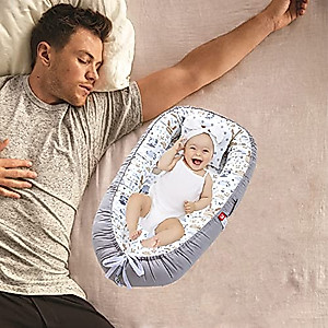 Vohunt Baby Lounger for Newborn,100% Cotton Co-Sleeper for Baby in Bed with Handles,Soft Newborn Lounger Adjustable Size & Strong Zipper Lengthen Space to 3 Tears Old(Grey Owl)