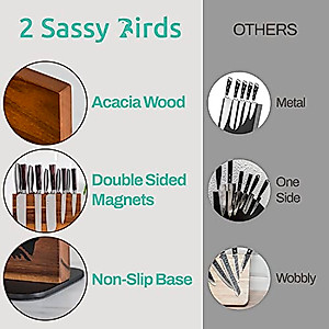 Magnetic Knife Block Holder Rack - Acacia Wood Cutlery Storage for 12 Knives Double Sided Magnets & Non-Slip Base - Knives Not Included