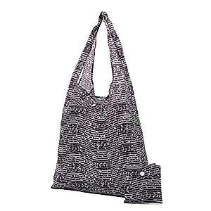 ECO CHIC Lightweight Foldable Reusable Shopping Bag | Water Resistant Shopping Tote Bag | Folds Into Attached Pouch for Storage | Made from Recycled Plastic Bottles (Music Black)