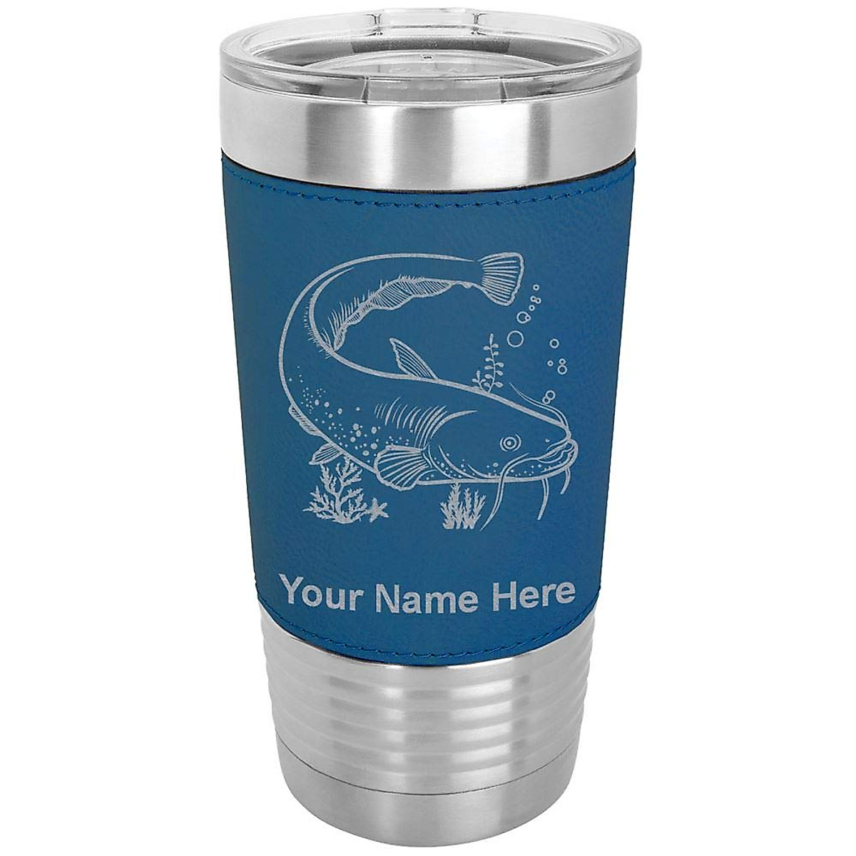 LaserGram 20oz Vacuum Insulated Tumbler Mug, Catfish, Personalized Engraving Included (Faux Leather, Blue)