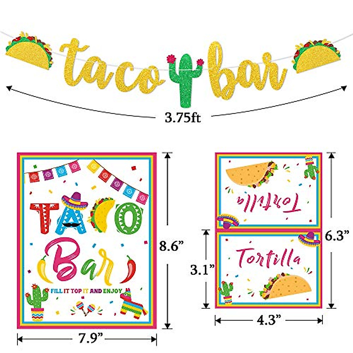 Kitticcino Taco Bar Decoration Kit - Banner Sign Tents Garland for Fiesta Mexican Cinco De Mayo Themed Party Bachelorette Bridal Shower, Housewarming