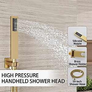 Holispa Gold Shower System, Shower Faucet Set with 10-Inch Rain Shower Head and Handheld, Wall Mounted High Pressure Shower Head Set, Shower Combo Set with Shower Valve and Shower Trim, Brushed Gold