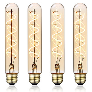 TORCHSTAR LED Vintage Spiral Filament Bulb T10, 4.5W 7.17inch Long Tubular Edison Light Bulbs, E26 Base, Dimmable T10 Filament Bulb for Wall Lamp, Amber Glass, 2000K Soft Warm, ETL/FCC, Pack of 4