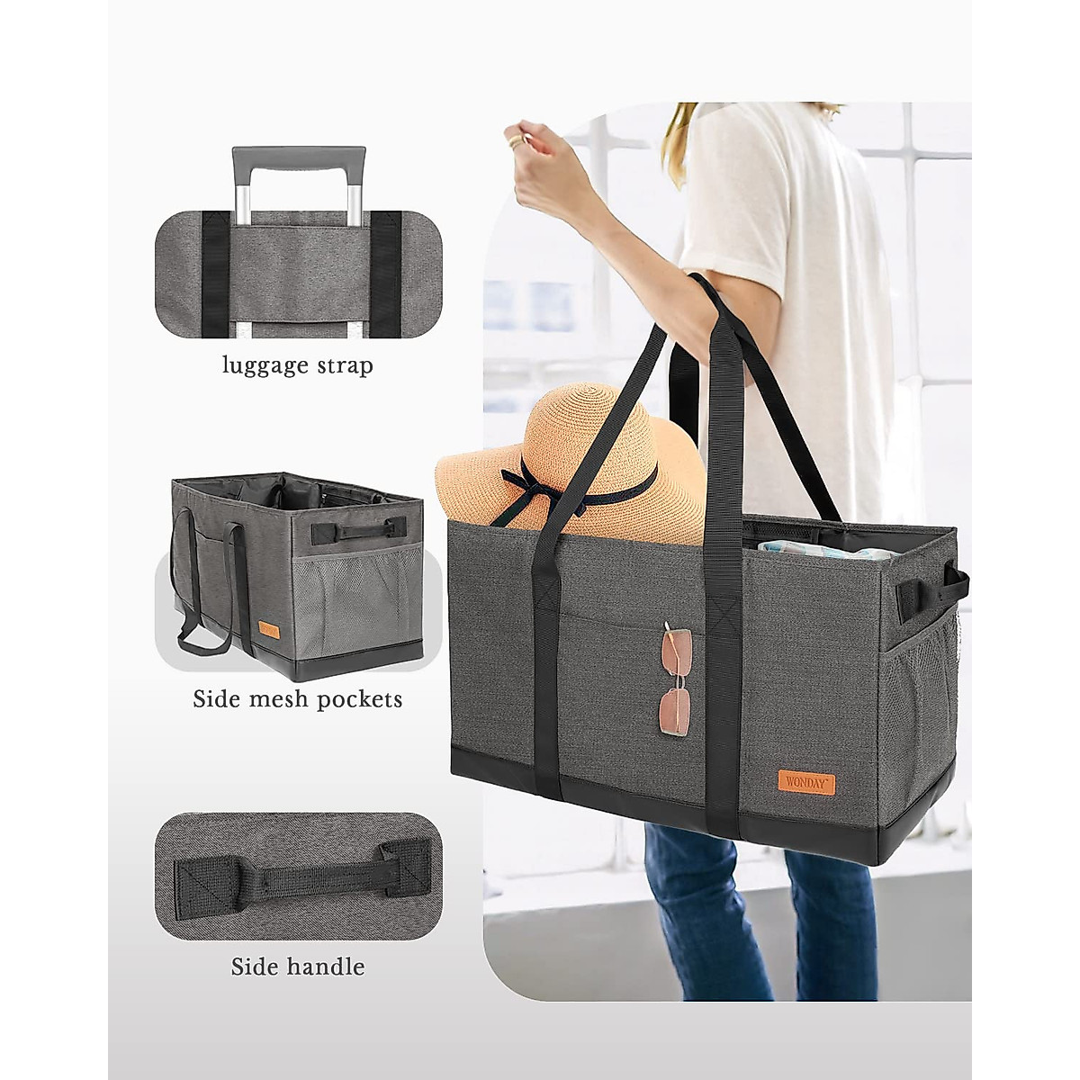 WONDAY Large Stand Up Utility Tote Bag, Reusable Grocery Bags Foldable with Waterproof Bottom, Extra Large Tote Bag with Handles and Pockets for Grocery Stores, Picnics, Beaches, Camping