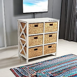 eHemco 3 Tier X-Side End Storage Cabinet, table with 6 Wicker Baskets for bedroom, living room in White