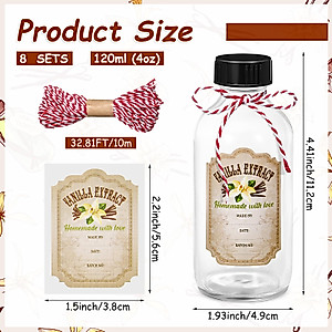 Uiifan 8 Pcs 4 oz Vanilla Extract Bottles Boston Round Bottles with Caps Glass Bottle and 8 Pcs Vanilla Extract Labels Stickers for Syrup Gift Glass Food Storage Canister Set Sauce Beans (Clear)
