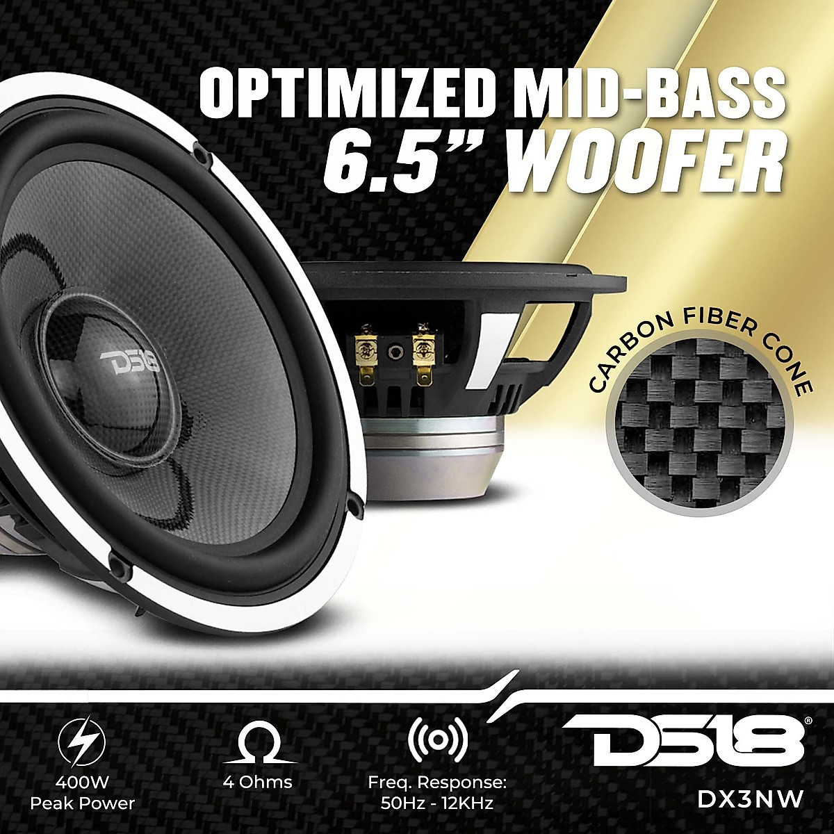 DS18 DX3N Deluxe 6.5” 3-Way Neodymium Premium Car Audio Component Speaker System - 580 Watts, 4 Ohm - Set with Woofer, Midrange, Tweeter, and Crossover (8 Piece Set)