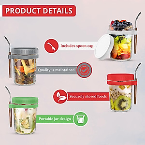 Overnight Oats Container with Lid and Spoon Airtight 16 oz Glass for Cereal Yogurt Milk Fruit, chia pudding jars, Overnight Oats Leak Proof Oatmeal Container, yogurt container with lids, 4-pack