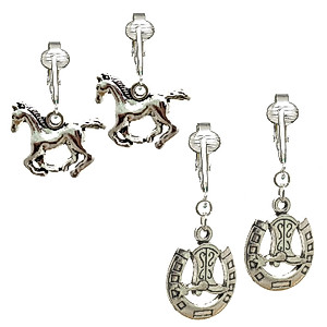 Aloha Earrings Bright & Fun Clip Earrings, Lightweight Stars, Owls, Eiffel Tower, Horse, Cowgirl, Flamingo, Elephant, Daisy Dangling Charm Designs for Clip Ears (Cowgirl Boots/Horse Set of 2)