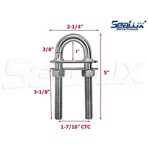 SeaLux Marine 3/8" Stock Fixed Welding Plate Bow Eye Stern Eye U-Bolt 5" Length with 3-1/2" Stud Length