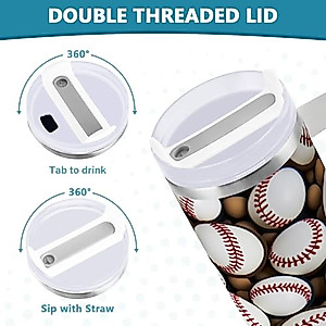 Jihqo Baseball Balls Pattern 40 oz Stainless Steel Vacuum Insulated Tumbler with Handle and Straw Lid, Leakproof Water Bottle Double Wall Travel Mug Coffee Cup, Cupholder Friendly