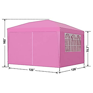 Saemoza Pop Up Canopy Tent, 10x10 Outdoor Commercial Instant Gazebo Tent with 4 Removable Sidewalls, Height Adjustable Portable Beach Canopy with Carry Bag (Pink)