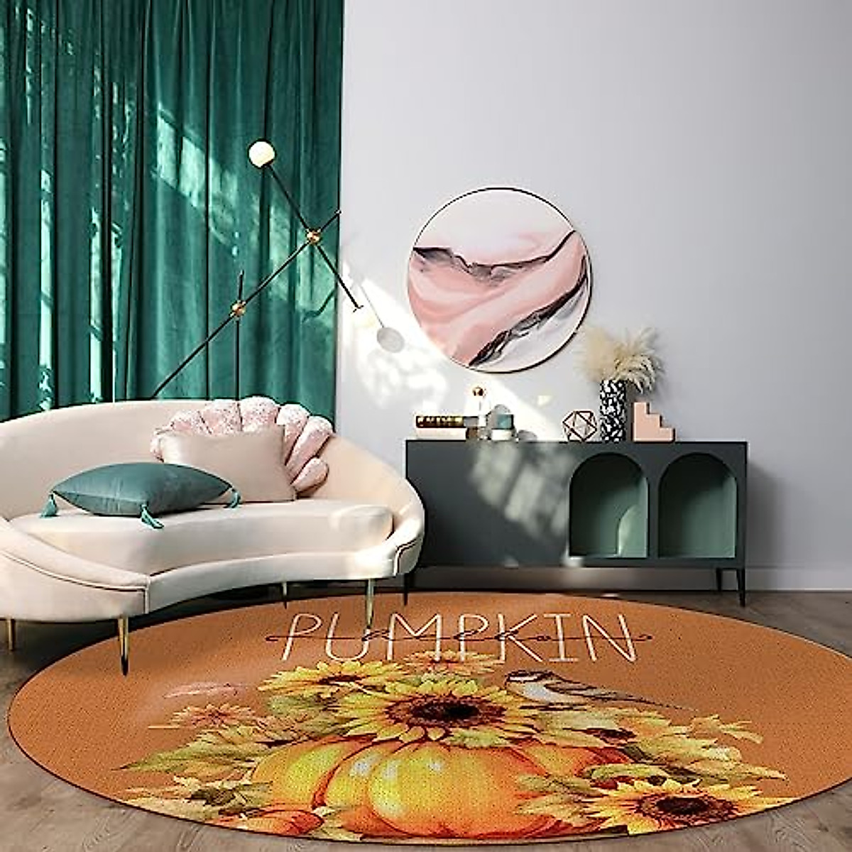 Pumpkin Sunflower Round Area Rug 3.3ft,Washable Outdoor Indoor Carpet Runner Rug for Bedroom,Kitchen,Living Room,Office,Area+Rug Small Bath Door Desk Floor Mat Fall Thanksgiving Harvest Autumn Orange