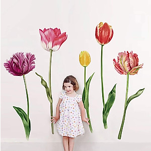 decalmile 5 Large Tulip Flowers Wall Decals Garden Floral Wall Art Stickers Bedroom Living Room Home Decor Gifts for Mom(H: 37 Inches)