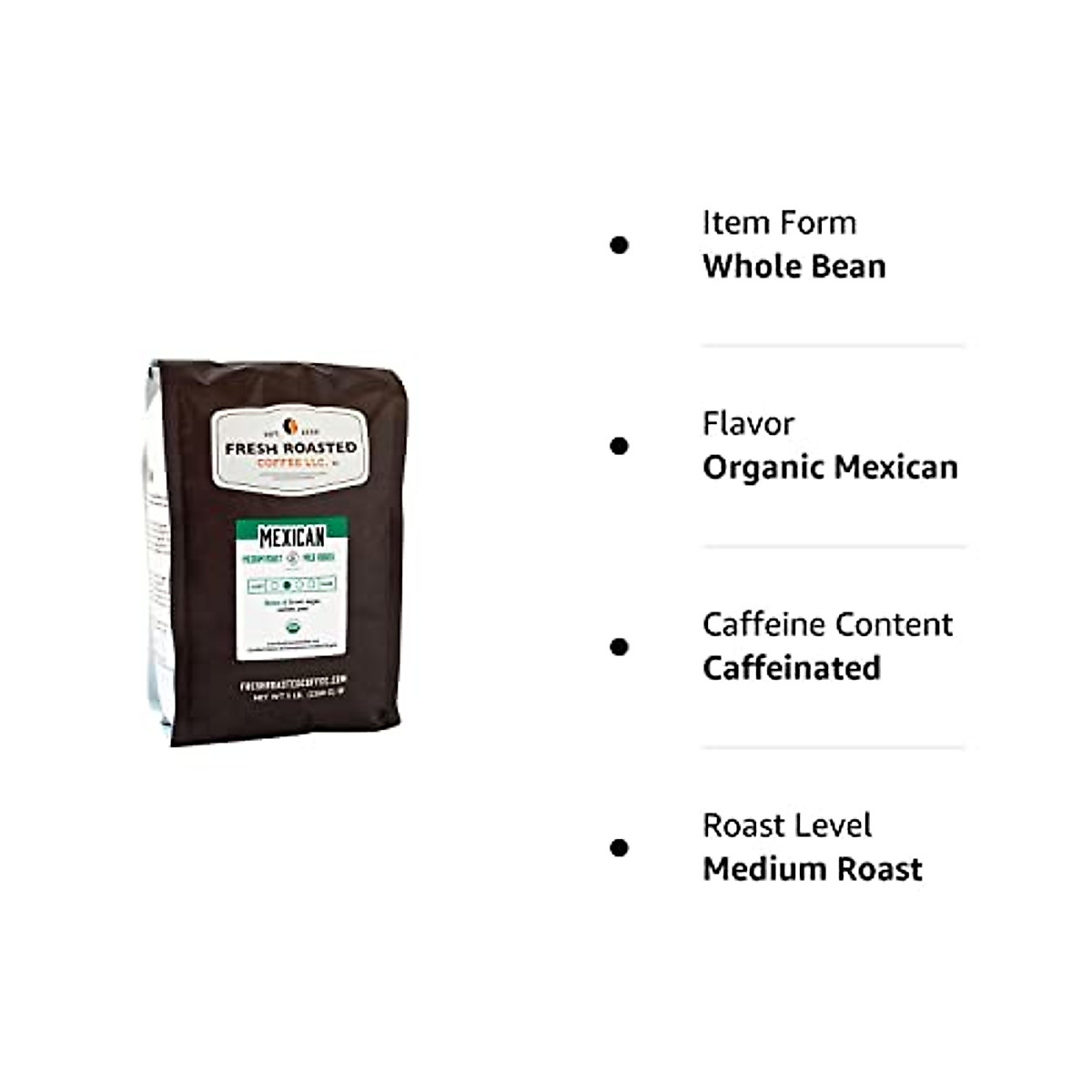 Fresh Roasted Coffee, Organic Mexican, 5 lb (80 oz), Medium Roast, Mold & Mycotoxin Tested, Kosher, Whole Bean