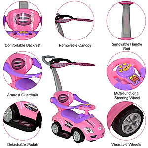 ChromeWheels Push Cars for Toddlers, 3 in 1 Ride on Push Car with Removable Canopy, Ride on Toys Mega Car w/Handle & Horn & Music, Pink