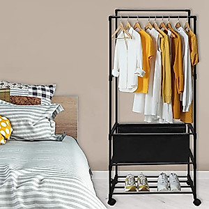 Double Rod Garment Rack, Rolling Clothes Rack, Industrial Pipe Hanging Clothes Rack with Wheels and Bottom Shelf, Freestanding Clothing Rack, Garment Rack Shoe Clothing Organizer Shelves (Black)