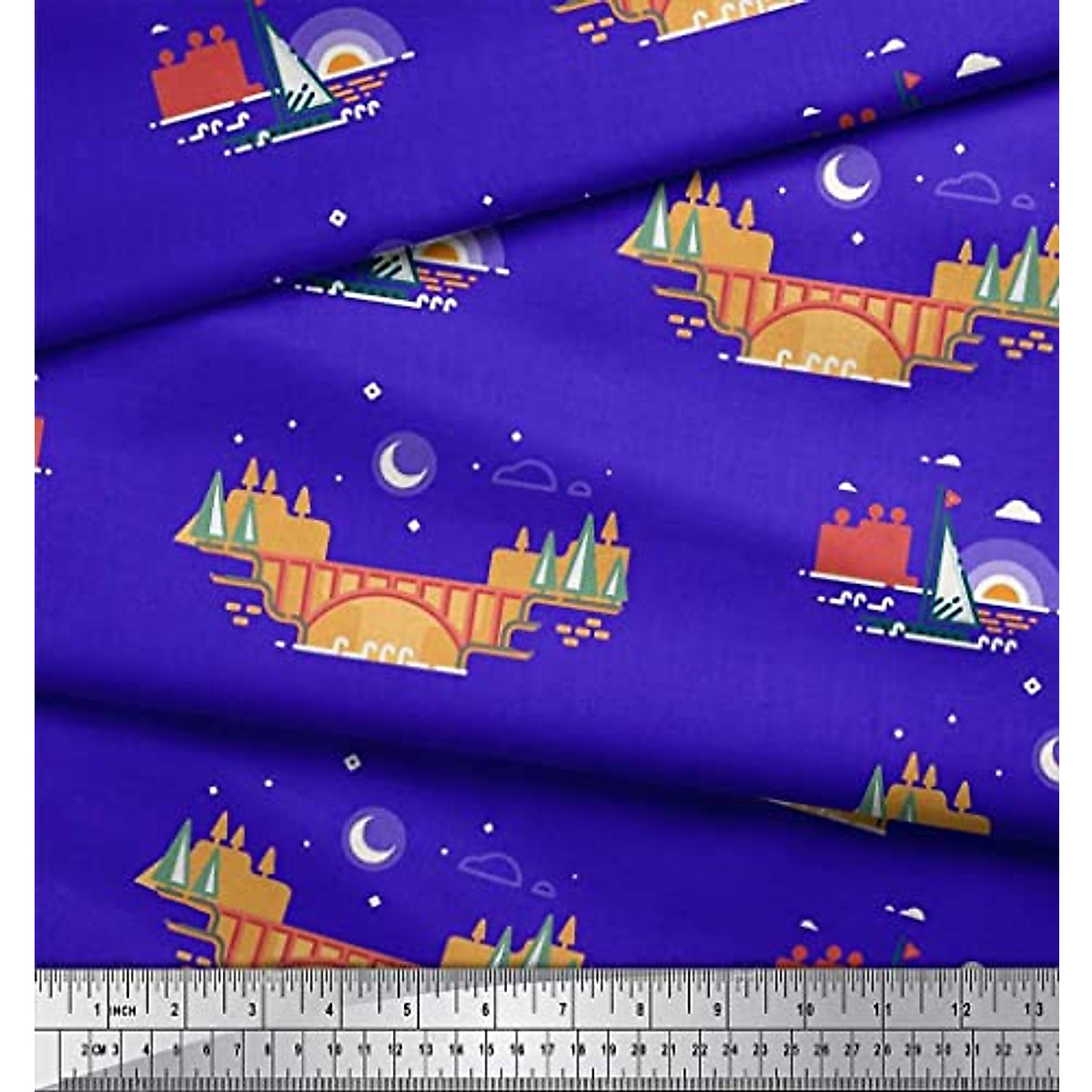 Soimoi Blue Cotton Canvas Fabric Bridge & Yacht Nautical Print Fabric by The Yard 56 Inch Wide