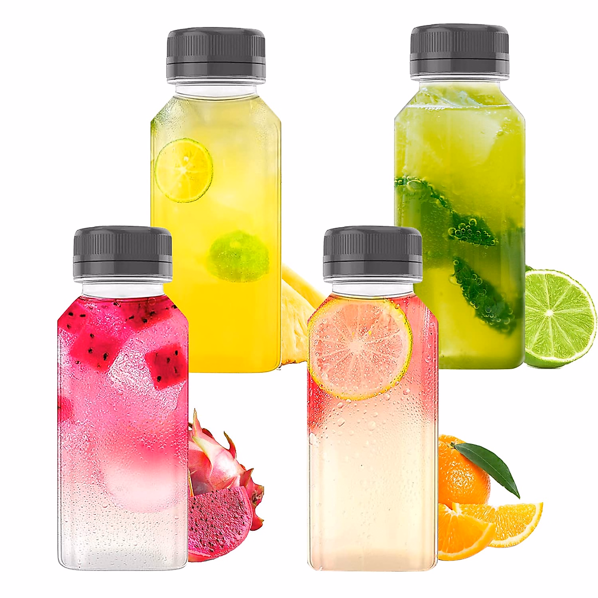 10 OZ Plastic Juice Bottles, Reusable Bulk Beverage Containers, for Juice, Milk and Other Beverages, 4 Pcs.