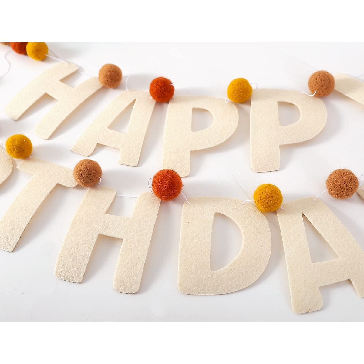 Boho Felt Happy Birthday Garland - Natural Handmade Wool Letters & Balls, Boho Birthday Decoration, Decorations for Children's Birthday Parties, Assembled Happy Birthday Banner