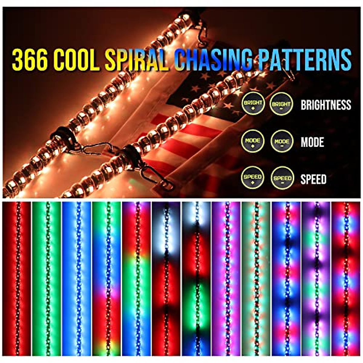 Whip Lights Uemicip 2PCS 3FT Spiral RGB LED Whip Light for UTV, with Spring Base App & RF Wireless Remote Control, Chasing Lighted Antenna Whips for UTV ATV RZR SXS Can-Am Polaris Offroad Truck