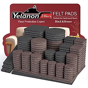 Yelanon Felt Furniture Pads for Hardwood Floors -216 Pcs Premium Felt Pads for Chair Legs, Floor Protectors for Furniture,Black & Brown