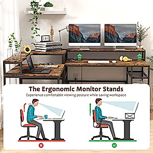 AYEASY 66" Computer Desk L Shaped Desk with Storage, Reversible Corner Desk with USB Charging Port & Power Outlet,Gaming Desk L Shape with Monitor Shelf, Large Home Office Desk, Rustic Brown