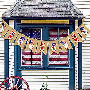 Doumeny 4th of July Burlap Banner, American Gnome Patriotic Rustic Banner Bunting USA Independence Day Bunting Garland American Stars Banner Flag for Memorial Veterans Days Labor Day Mantel Fireplace