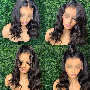 Caijuxing 13x4 Lace Front Wigs Human Hair Pre Plucked Glueless Wigs for Women Body Wave HD Lace Front Wig 180% Density Body Wave Bob Wig Human Hair Natural Color