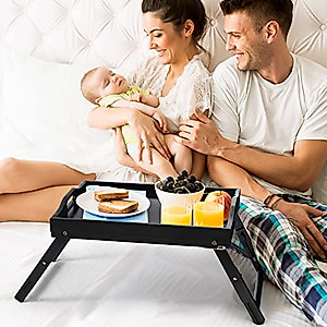 Greenual Breakfast Bed Tray for Eating with Adjustable Height Serving Tray with Folding Legs Food Tables with Locking Legs Phone Holder Portable Laptop Snack Platter for Bedroom Picnic - Black