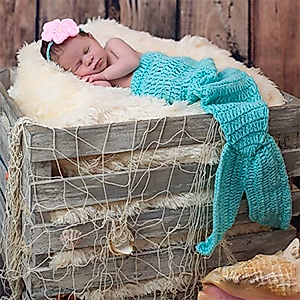 M&G House Newborn Photography Prop Mermaid Outfit Baby Photo Props Handmade Crochet Mermaid Tail Outfit Baby Mermaid Costume Set Headband Bra Tail(Aquamarine)