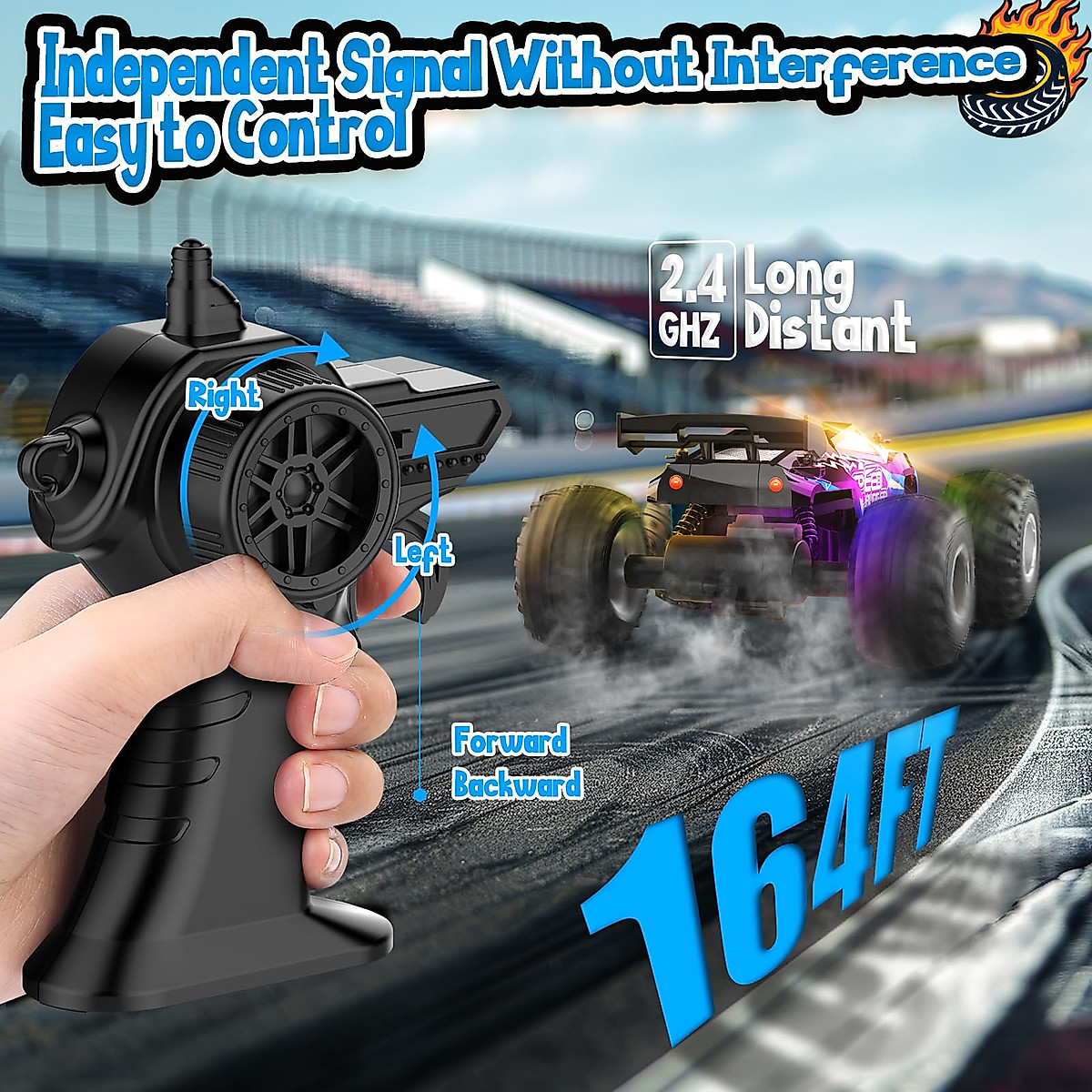 AONEPTR Remote Control Car, All Terrain Remote Control Truck for Boy, 2.4GHz Rc Car with Bodylight and Two Rechargeable Batteries, 20KM/H Monster Truck Toys
