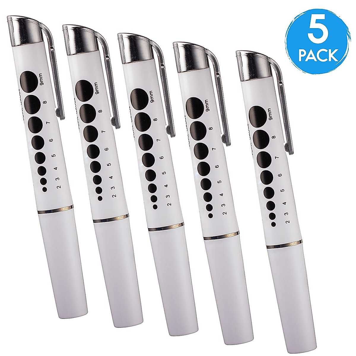 Novamedic 5 Pack LED Pen Light with Pupil Gauge, Reusable Medical Diagnostic Penlight for Doctors Nurses EMTs and Nursing Students, White, Batteries Included