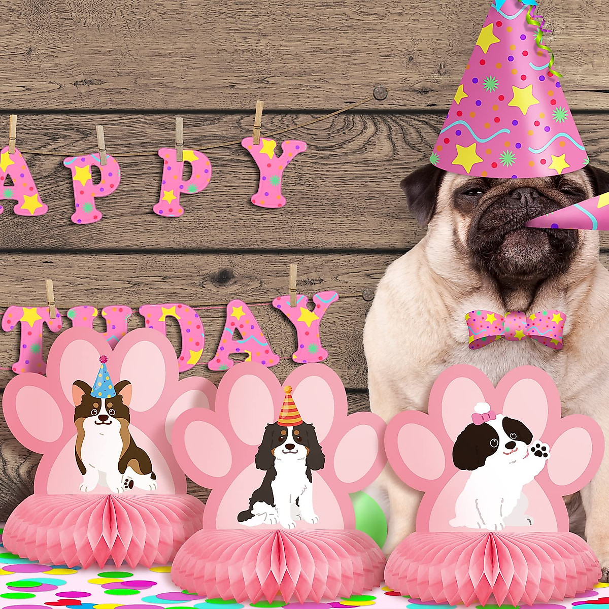 Ferraycle 8 Pcs Dog Themed Party Table Decorations Pink Dog 3D Honeycomb Centerpieces Dog Birthday Party Supplies Dog Centerpieces Decorations for Puppy Paw Print Birthday Supplies Baby Shower
