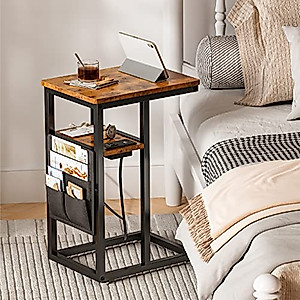 SUPERJARE C Shaped End Table with Charging Station, Side Table with Storage Bag, Couch Table, C Table with USB Port and Outlet, for Living Room, Bed Room, Set of 2, Rustic Brown