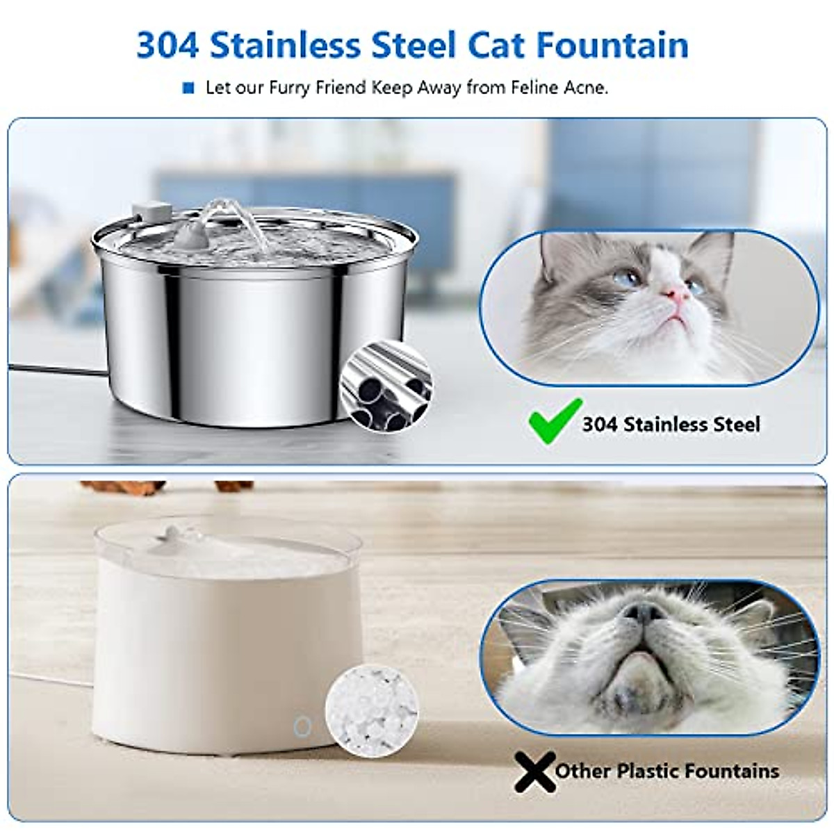 Cat Water Fountain, AIWMQYYF 108oz/3.2L Automatic Stainless Steel Cat Fountain, Dog Water Dispenser Bowl with Ultra-Quiet Pump, 3 Replacement Filters, Adjustable Water Flow for Cats, Dogs, Pets