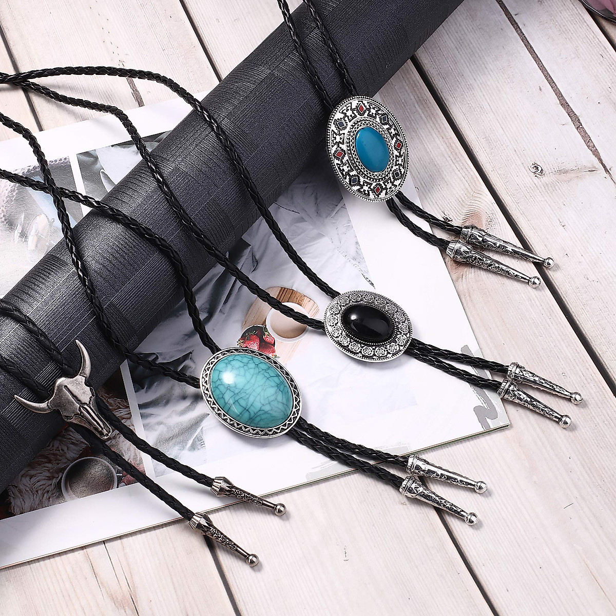 Jstyle 4Pcs Bolo Tie for Men Western Cowboy Leather Necktie Halloween Costume Accessories for Men Women