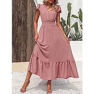 PRETTYGARDEN Womens Summer Flowy Boho Maxi Dress Short Sleeve Swiss Dot Long Dress V Neck Smocked Waist Beach Party Sundress (Pink, Large)